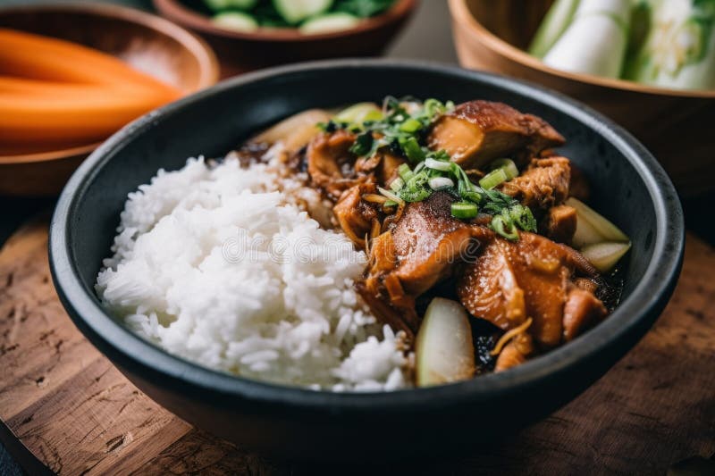 A Bowl Filled with Rice and Meat Next To Bowls of Vegetables ...