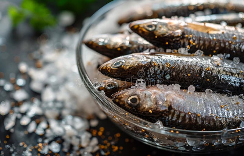 A Bowl of Fish with Salt and Ice. the Fish are Black and Shiny Stock ...