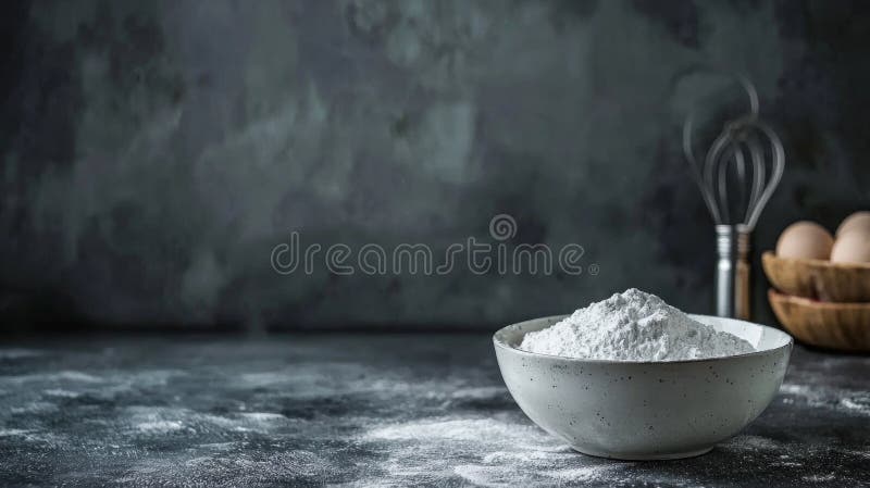 Bowl of Flour on a Dark Moody Kitchen Counter with Baking Essentials ...