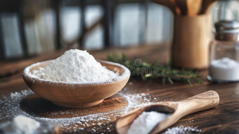 Bowl of Flour on Wooden Table with Baking Tools Stock Photo - Image of ...