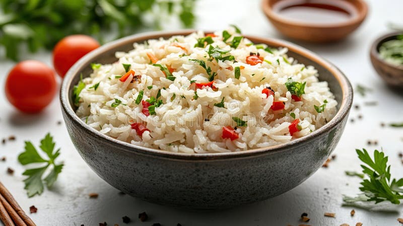 Bowl of Fluffy White Rice with Red Bell Peppers and Fresh Herbs Stock ...