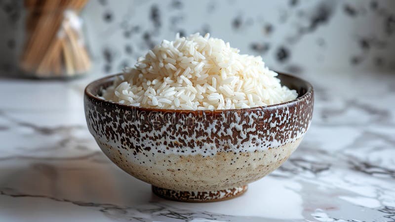 A Bowl of Fluffy White Rice Sits on a Marble Countertop. the Bowl is ...