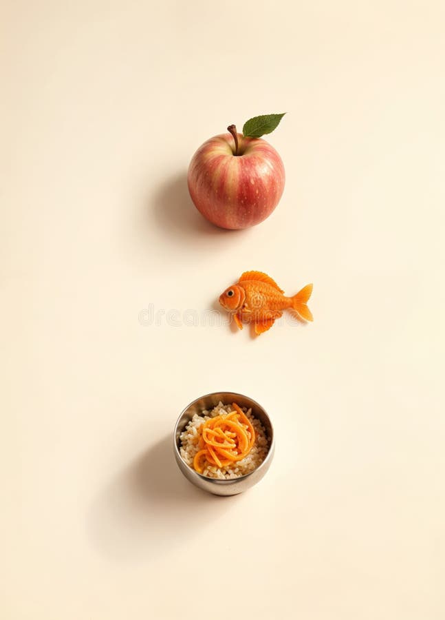 A Bowl of Food with an Apple and a Fish on a Flat Backround Stock ...