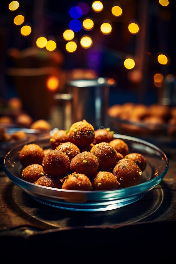 Bowl of Food Sitting on Table with Lights in the Background. Generative ...