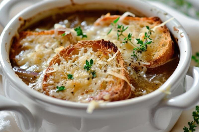 A Bowl of French Onion Soup with Melted Cheese and Herbs Stock Image ...