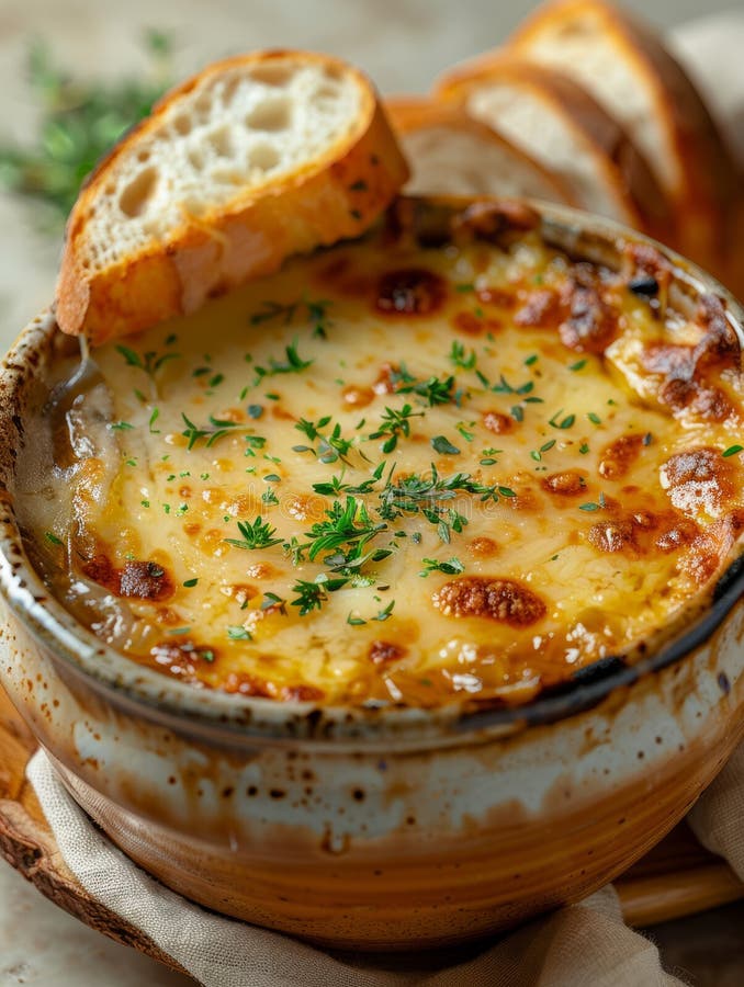 Bowl of French Onion Soup with Melted Cheese and Herbs Stock Image ...