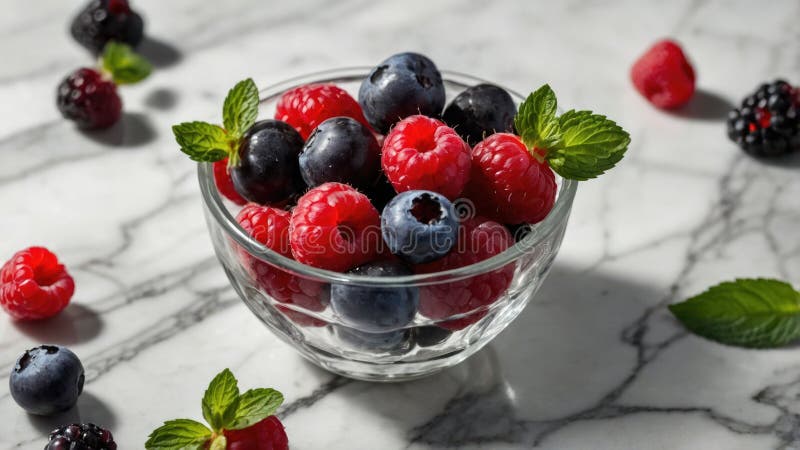 A Bowl of Fresh Berries Garnished with Mint on a Marble Surface Stock ...