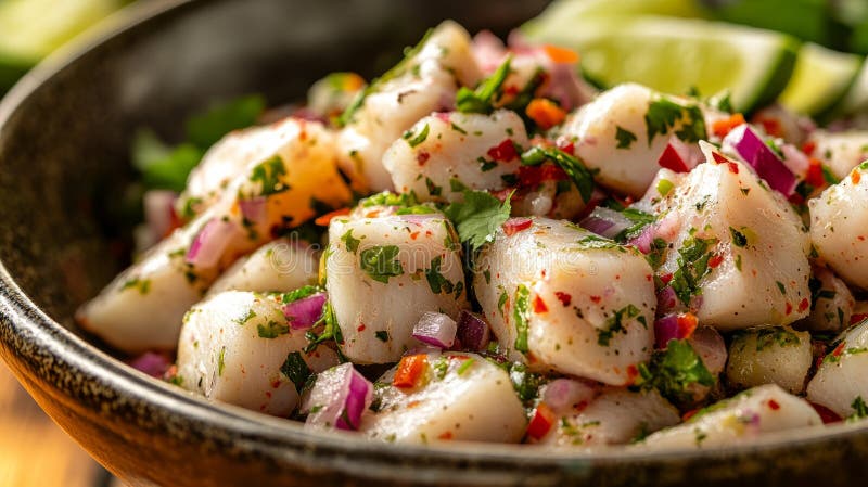 Bowl of Fresh Ceviche with Lime and Herbs Stock Photo - Image of ...