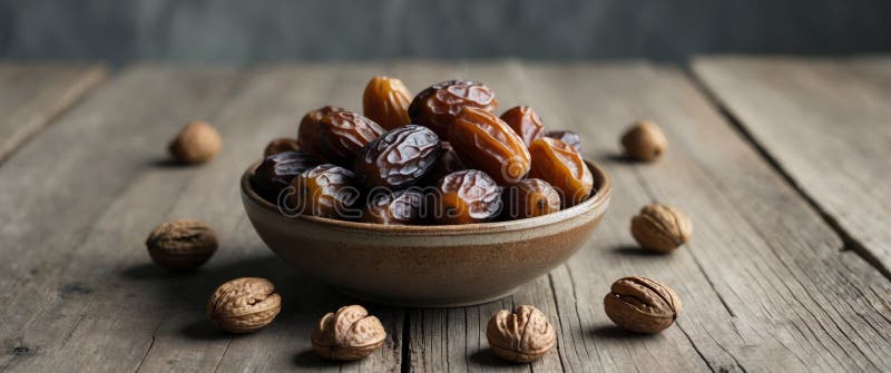 Bowl of Fresh Dates Sitting on Rustic Wooden Table with Walnuts with ...