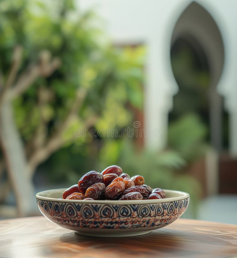 Bowl of Fresh Dates Surrounded by Lush Greenery in Traditional Setting ...