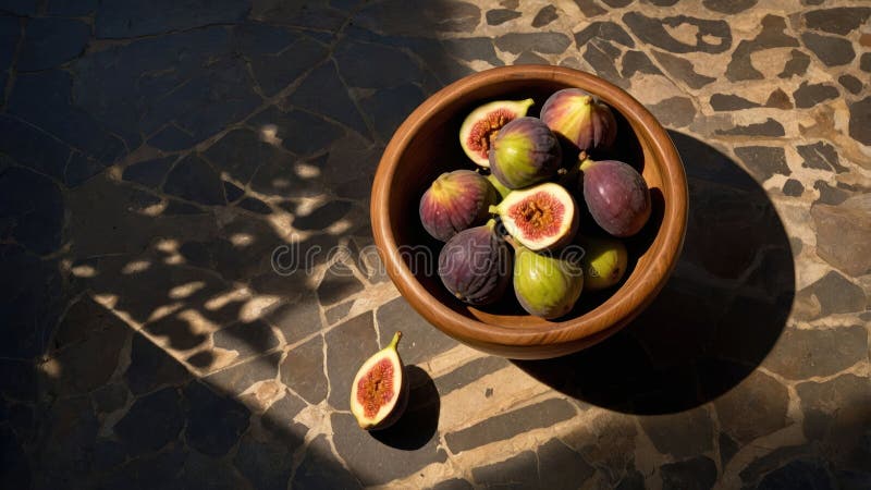 Sunlit Figs in Wooden Bowl on Stone Patio Stock Illustration ...