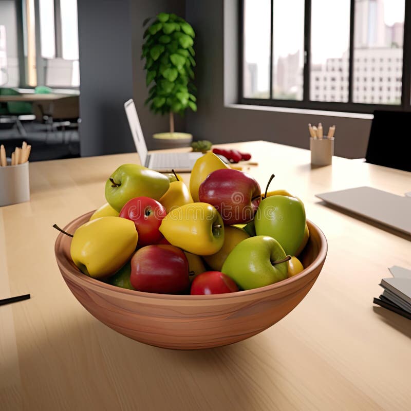 Bowl of Fresh Fruits on Wooden Table in Office Stock Illustration ...
