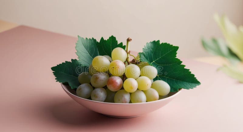 A Bowl of Fresh Grapes with Green Leaves on a Light Pink Background ...