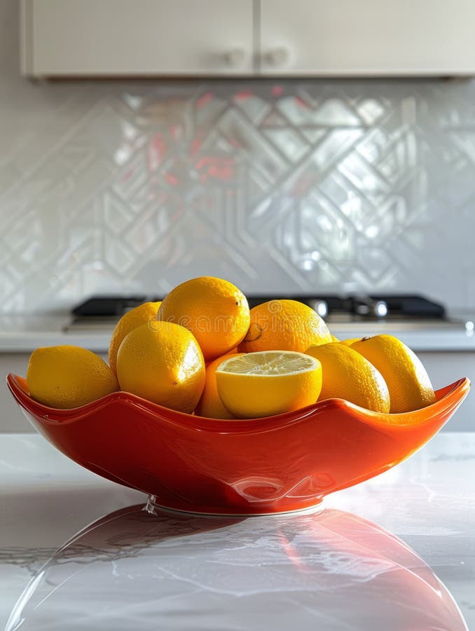 A Bowl of Fresh Lemons on a Kitchen Counter with a Geometric Backsplash ...