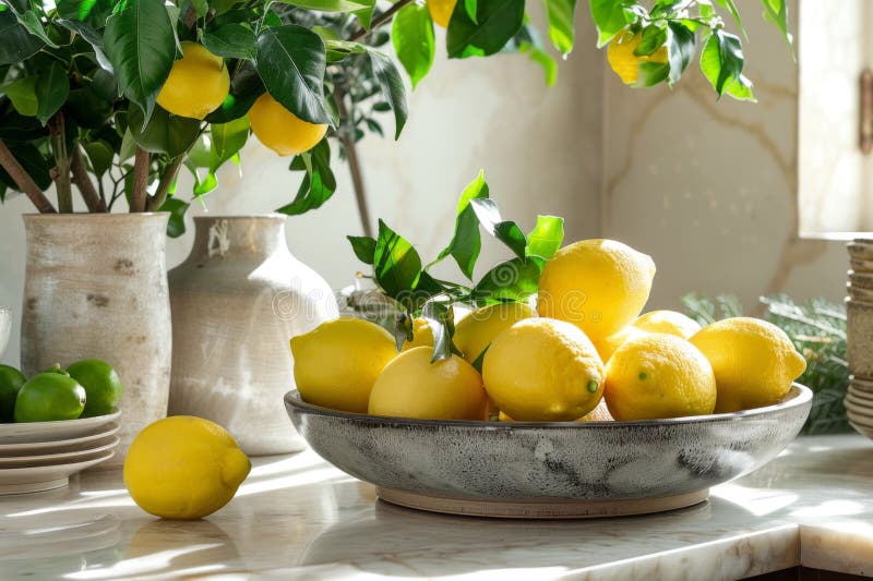 A Bowl of Fresh Lemons is Placed on a Kitchen Counter beside a Lemon ...