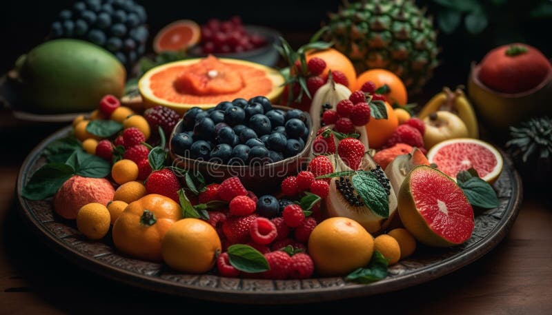 A Bowl of Fresh, Multi Colored Berry Fruit on a Wooden Table Generated ...
