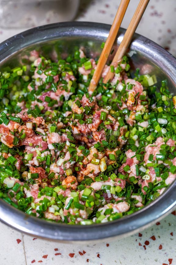 A Bowl of Fresh Pork Chive Bun Stuffing Stock Image - Image of bowl ...