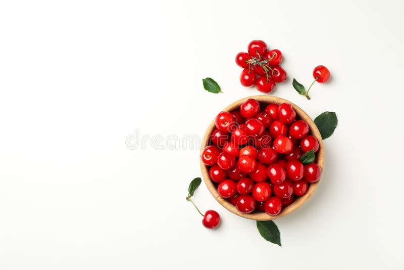 Bowl with Fresh Red Cherry on Background, Top View Stock Photo - Image ...