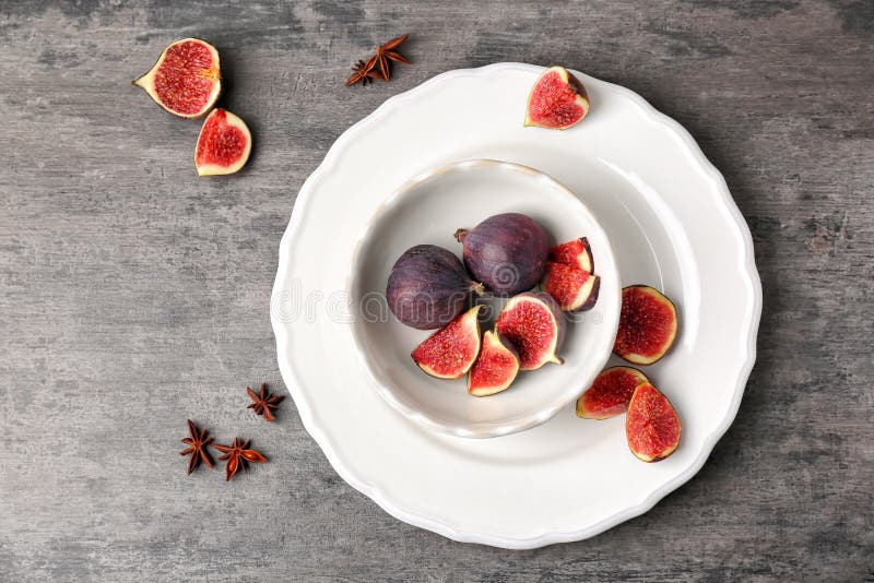 Bowl with Fresh Ripe Figs on Grey Table Stock Photo - Image of fruit ...