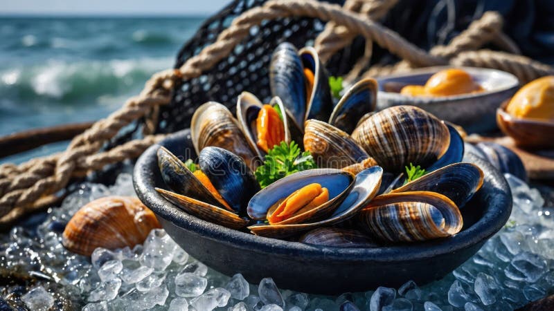 A Bowl of Fresh Seafood on Ice, Showcasing Various Shellfish by the ...