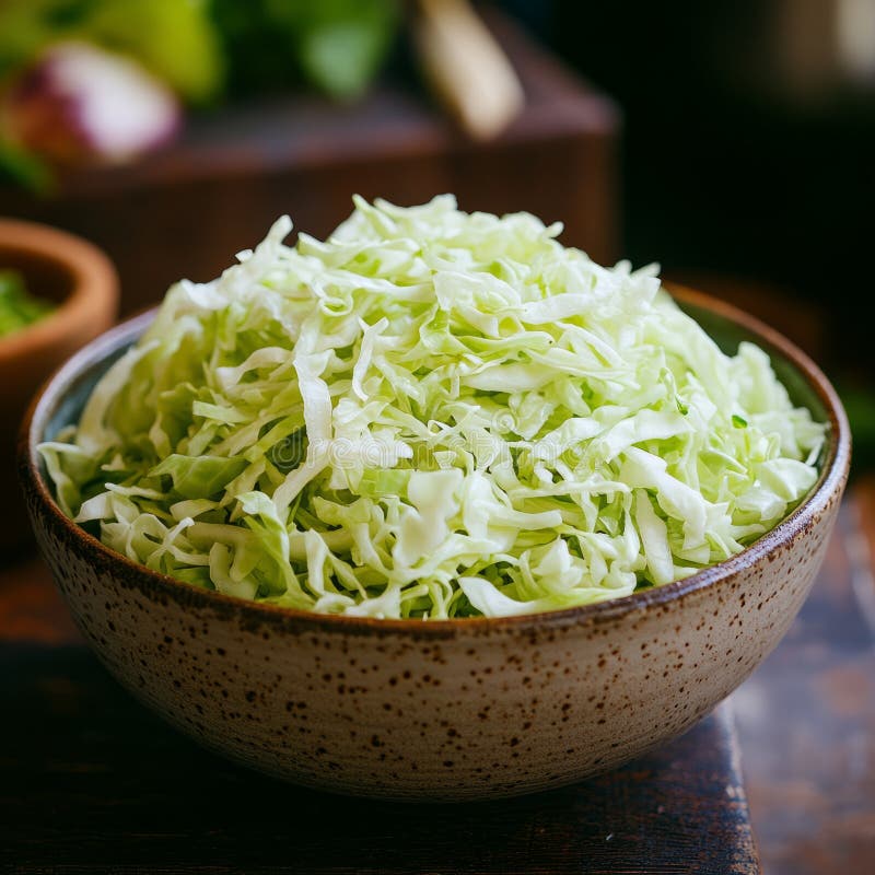 Bowl of Fresh Shredded Cabbage in a Rustic Kitchen Setting. Stock Photo ...