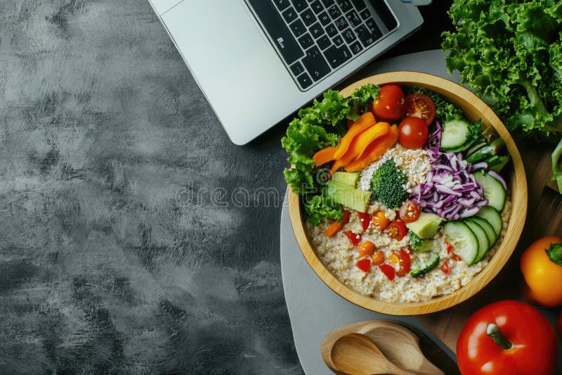 A Bowl of Fresh Vegetables and a Laptop Sit on a Table, Ready for Use ...
