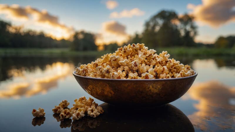 Golden Caramel Popcorn at Sunset by the Lake Stock Illustration ...