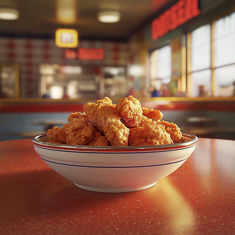 A Bowl of Fried Chicken Sits on a Table in a Diner with a Red Surface ...