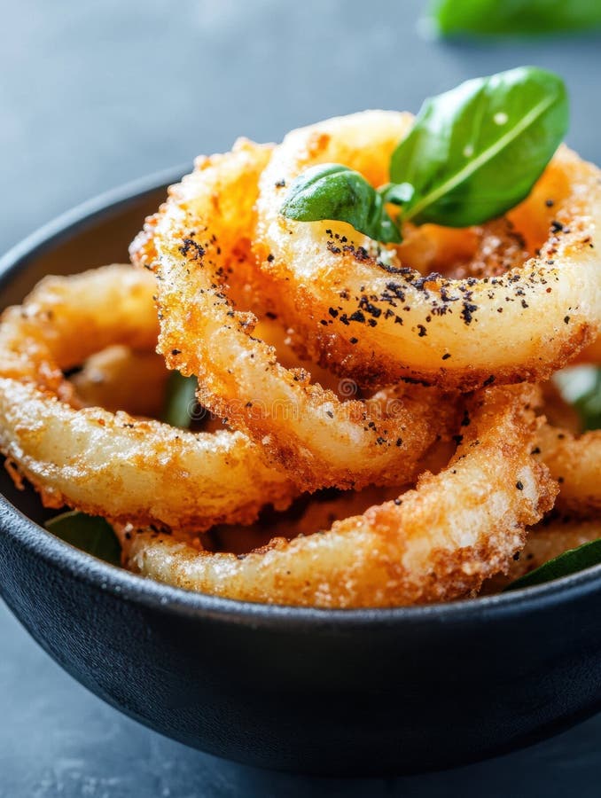 Bowl of Fried Onion Rings with a Sprinkle of Pepper and Basil Stock ...