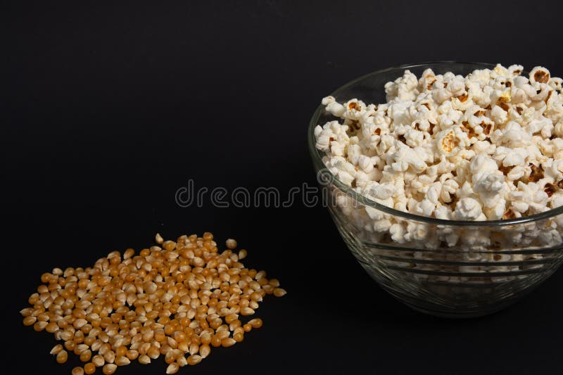 Fried Popcorn on a Black Background Close-up, Ready-to-eat Food Stock ...