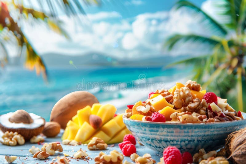 A Bowl of Fruit and Nuts on a Table with a Beach in the Background ...