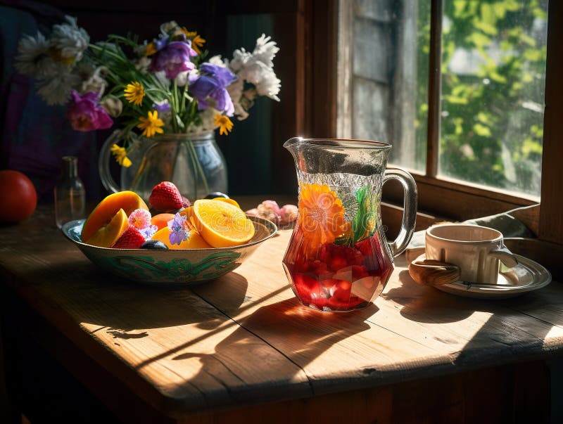 A Bowl of Fruit and a Pitcher of Water on a Table. AI Generative Image ...