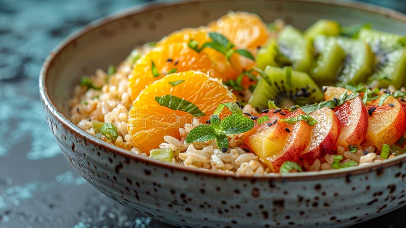 A Bowl of Fruit and Rice with a Blue and Brown Bowl Stock Image - Image ...