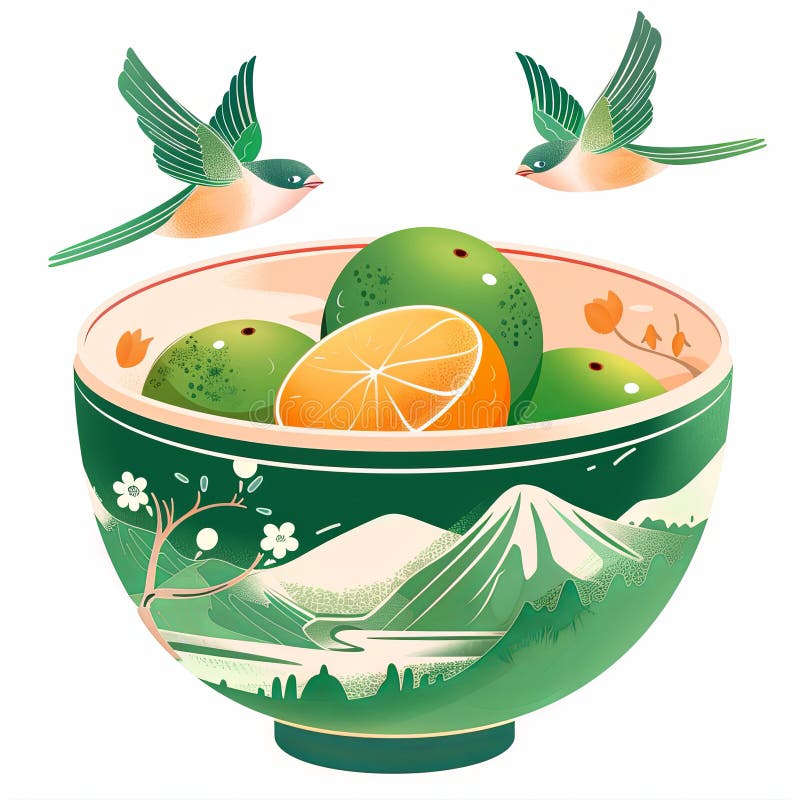 A Bowl of Fruit with Two Birds Flying Stock Vector - Illustration of ...