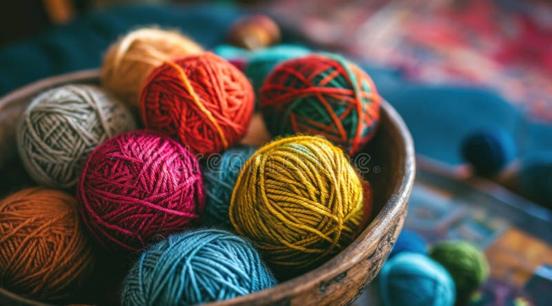 A Bowl Full of Colorful Balls of Yarn Stock Photo - Image of handmade ...