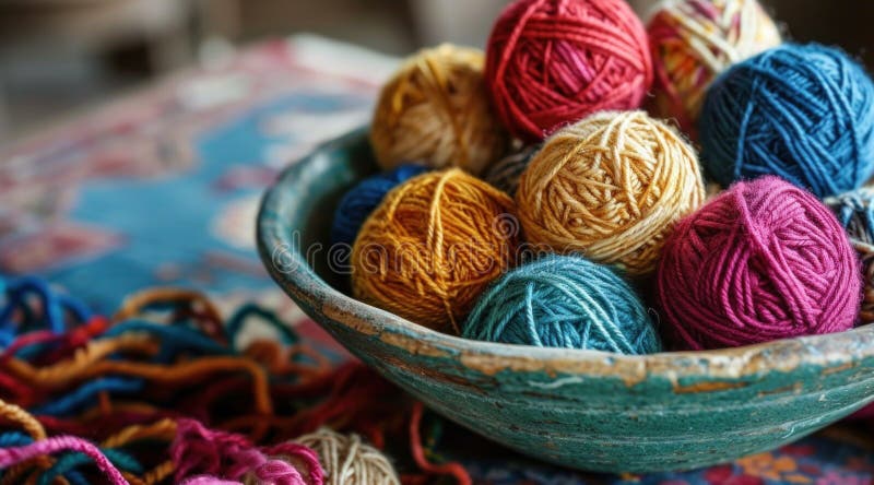A Bowl Full of Colorful Balls of Yarn Stock Photo - Image of hobby ...