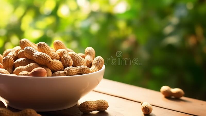 A Bowl Full of Peanuts on Wooden Table with Green Background of Trees ...