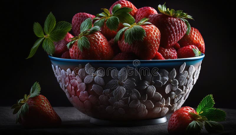 A Bowl Full of Strawberries with Leaves on the Side. Stock Illustration ...