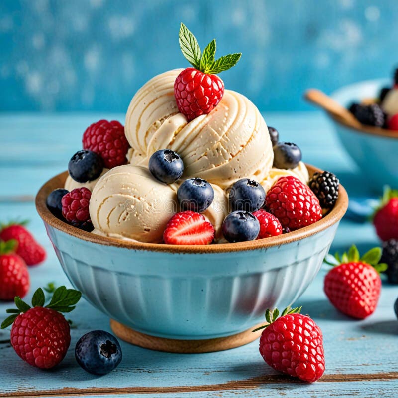 Bowl of Gelato with Fresh Berries on a Light Blue Background Stock ...