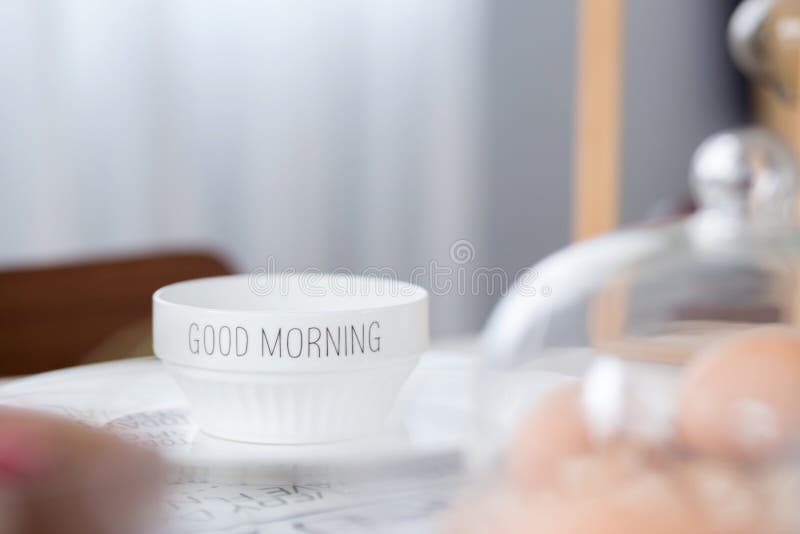 Bowl with Good Morning Text on Table Stock Photo - Image of morning ...
