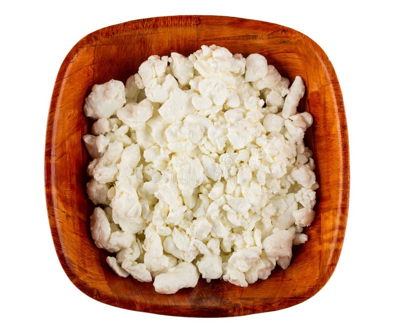 Bowl with Grained Cottage Cheese Isolated on White. Top View Stock ...
