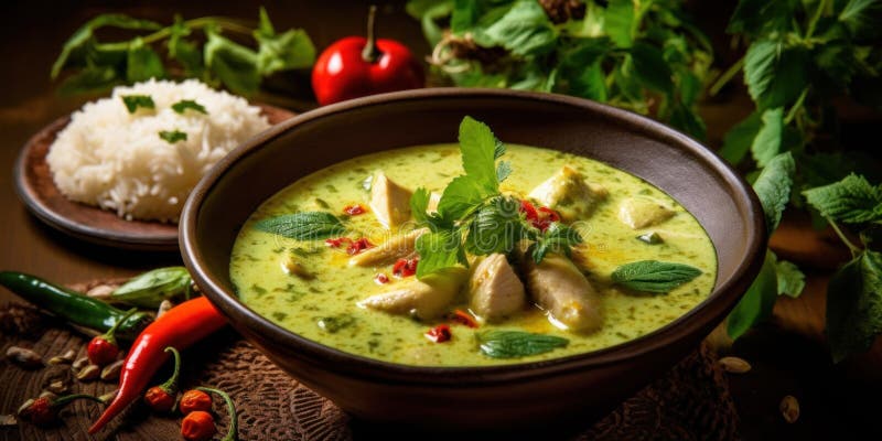 A Bowl of Green Curry with Chicken and Rice. Generative AI Image. Stock ... A Bowl of Green Curry with Chicken and Rice. Generative AI Image. Stock ...
