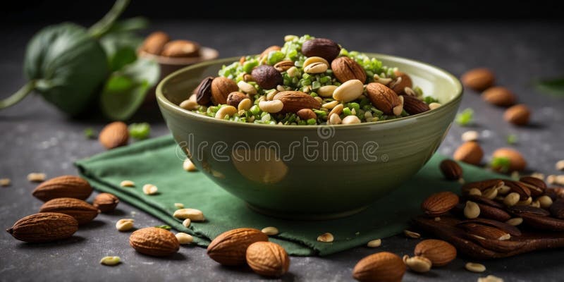 A Bowl of Green Food with Nuts and Seeds on Top. Stock Illustration ...