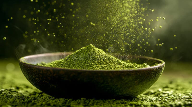 Bowl of Green Matcha Powder with Falling Powder Stock Image - Image of ...