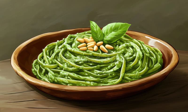 A Bowl of Green Pasta with a Green Leaf on Top Stock Image - Image of ...