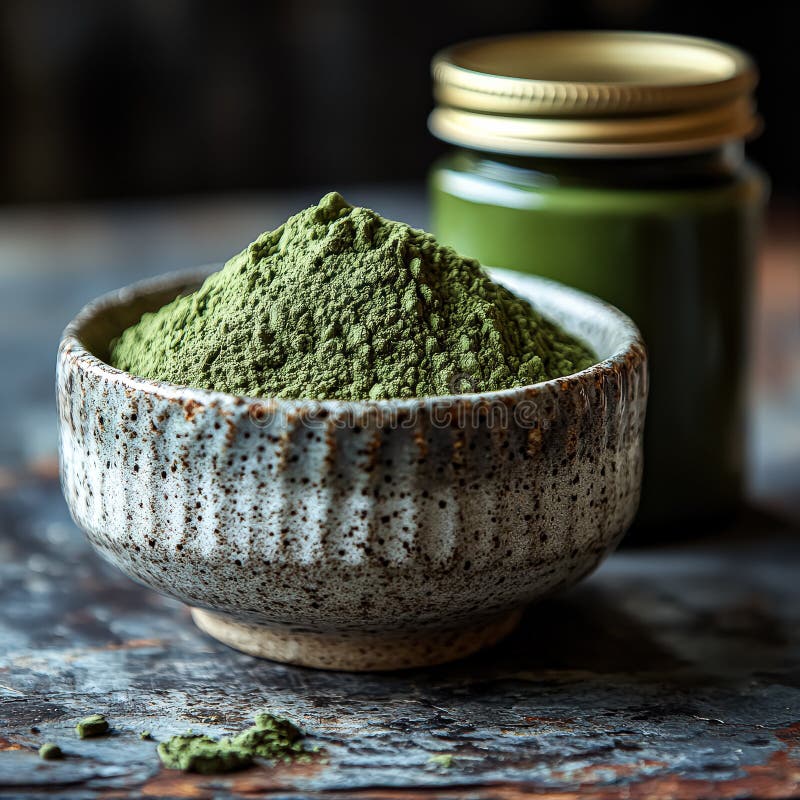 Bowl of Green Powder Next To a Jar of Green Powder Stock Photo - Image ...