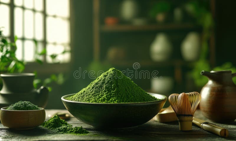 A Bowl of Green Powder is on a Table Stock Photo - Image of herbal ...