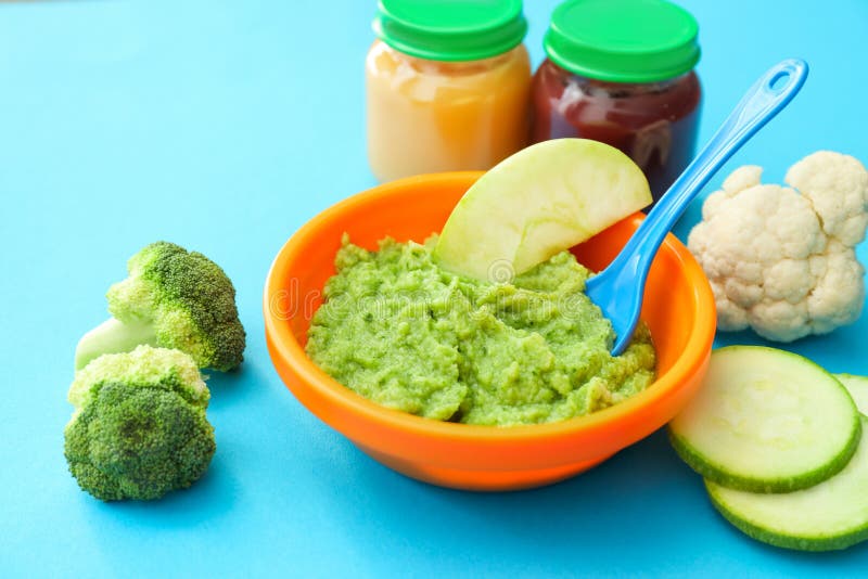 Bowl with Healthy Baby Food on Kitchen Table Stock Photo - Image of ...