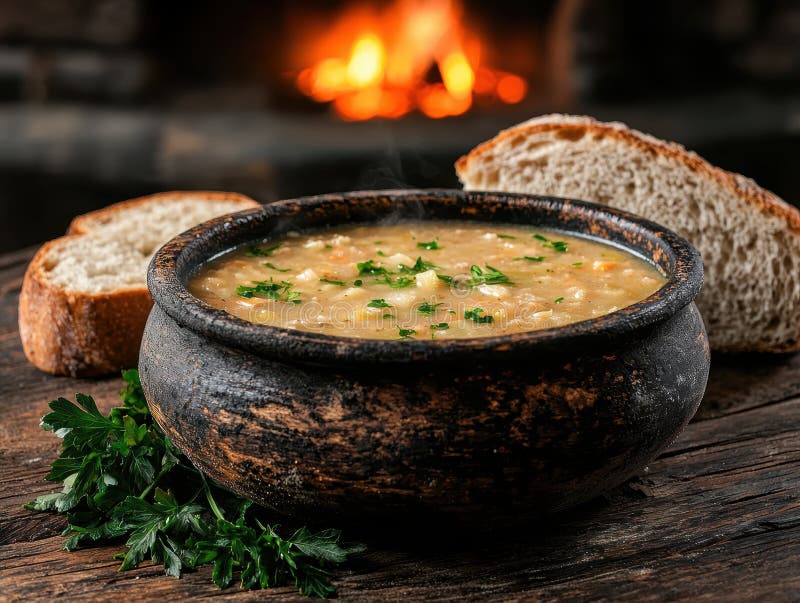 A Bowl of Hearty Soup with Bread by the Fireplace. Stock Illustration ...