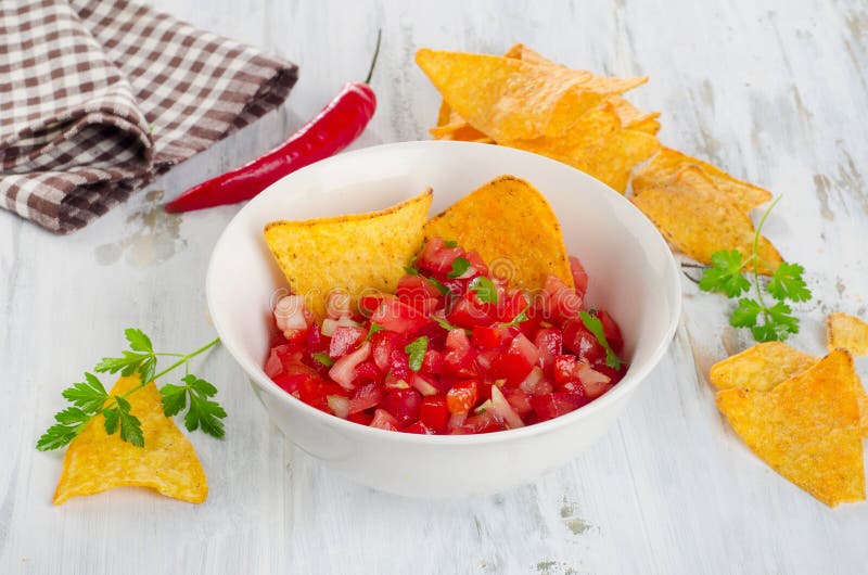 Bowl of Homemade Salsa Dip with Chips. Stock Image - Image of delicious ...
